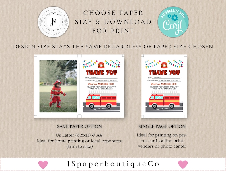 Firetruck Thank You Card Template, Editable Thank You Card, Firefighter ...