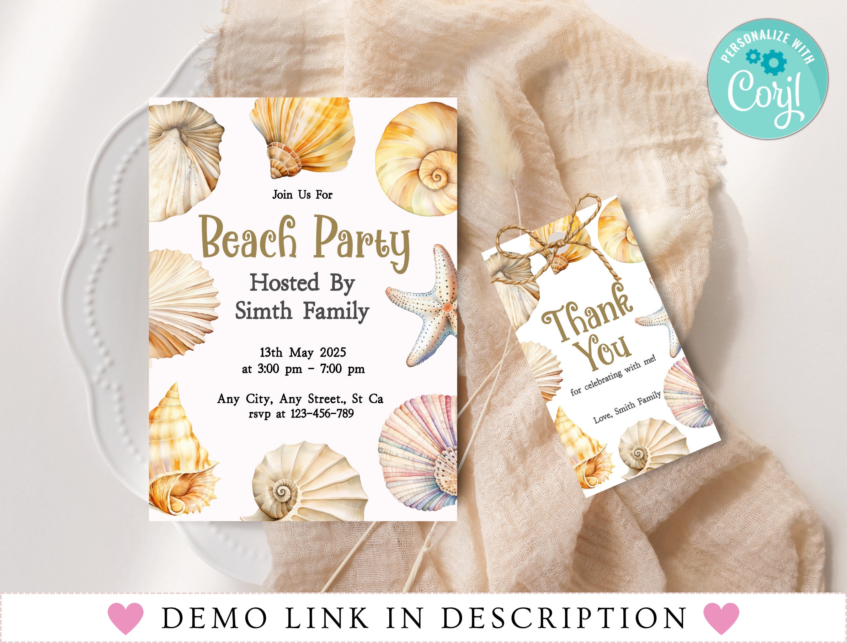 Sea Shell Birthday Party Invitation Template, Beach Birthday Party ...