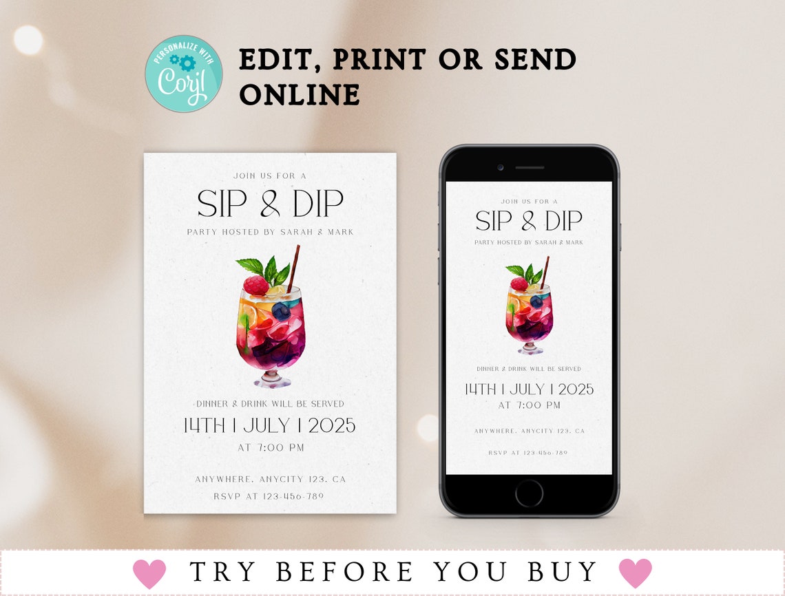 Sip and Dip Summer Party Invitation, Summer Cocktail Party Invitation ...