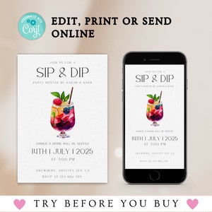 Sip and Dip Summer Party Invitation, Summer Cocktail Party Invitation ...
