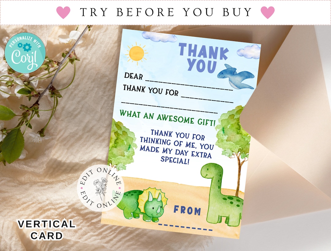 Dinosaur Thank You Card, Editable Dinosaur Thank You, Printable Fill in ...