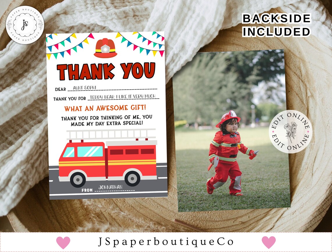 Firetruck Thank You Card Template, Editable Thank You Card, Firefighter ...