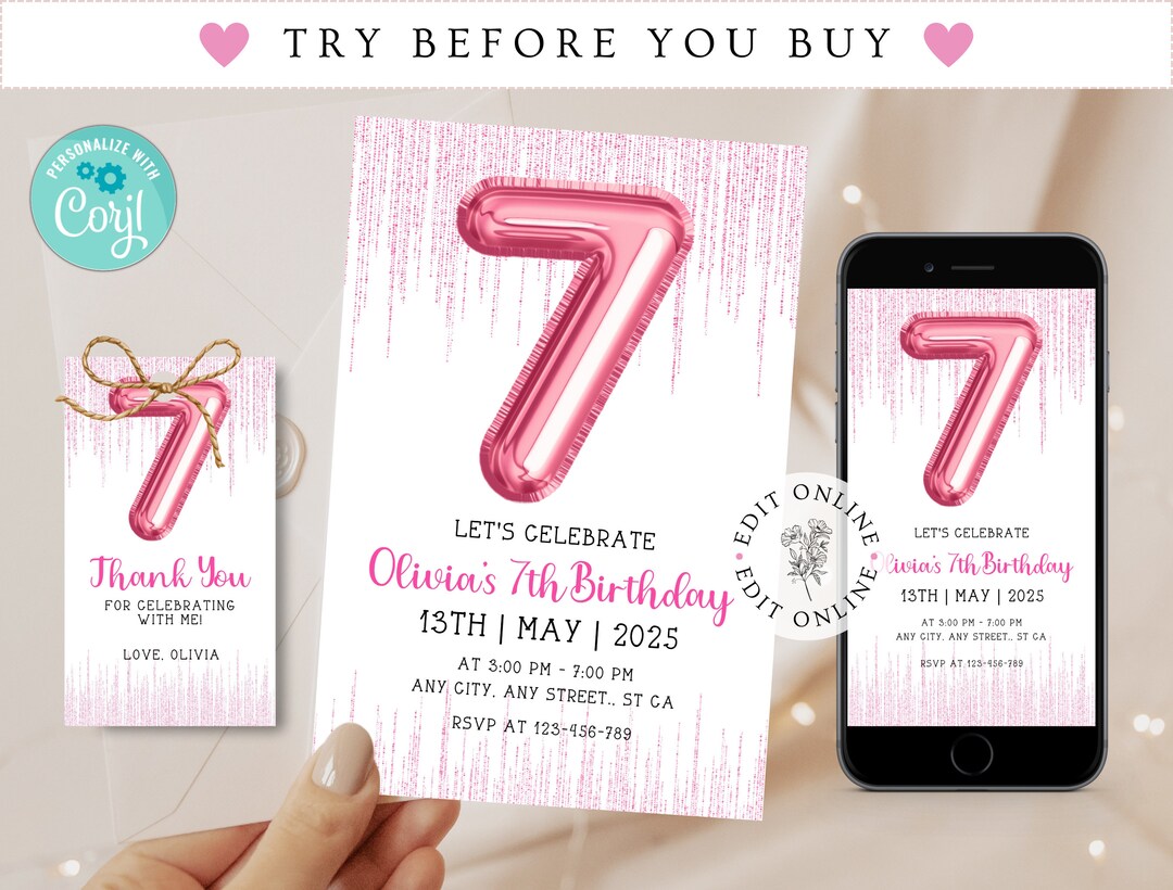 Editable 7th Birthday Invitation, Girls Glitter Birthday Invitation ...