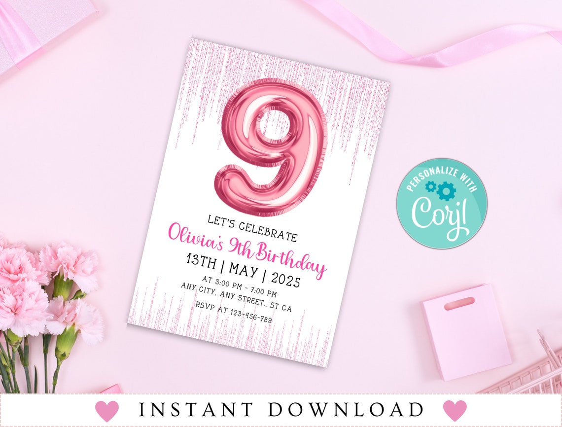 Editable 9th Birthday Invitation Template, Printable 9th Birthday ...