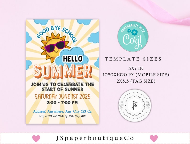 Editable End of School Party Invitation, Hello Summer, Goodbye Schools ...