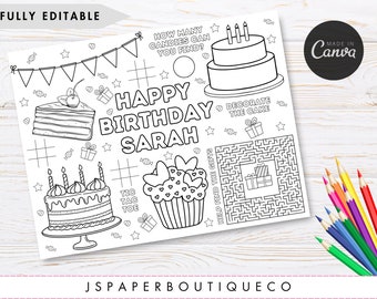 Birthday Party Coloring Placemat for Kids Editable Template, Birthday ...