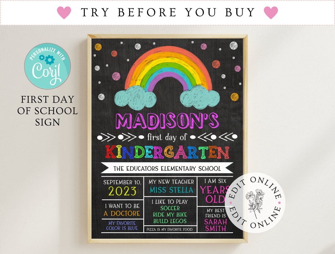 First Day of Kindergarten Sign, Printable Back to School Sign Poster ...