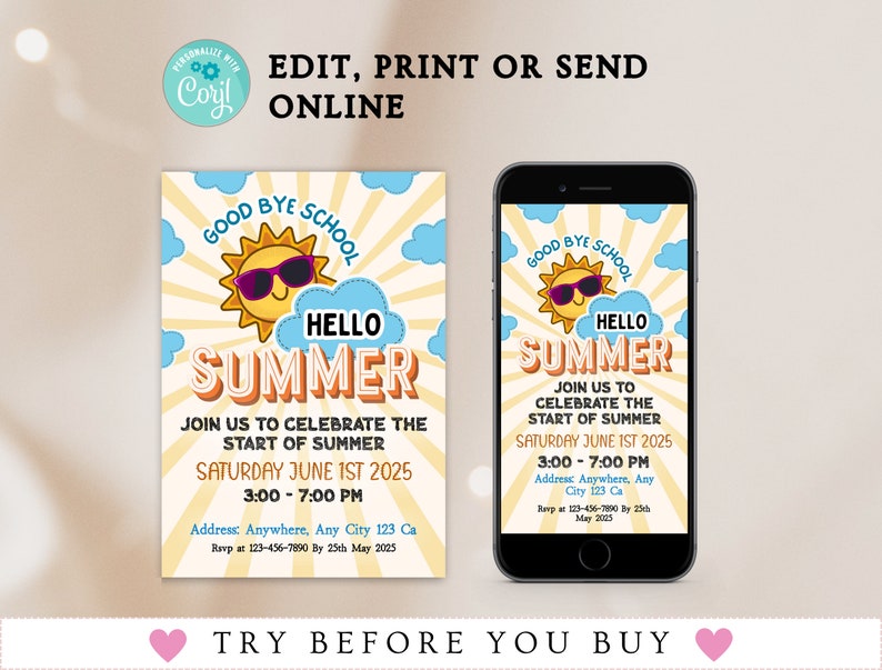 Editable End of School Party Invitation, Hello Summer, Goodbye Schools ...