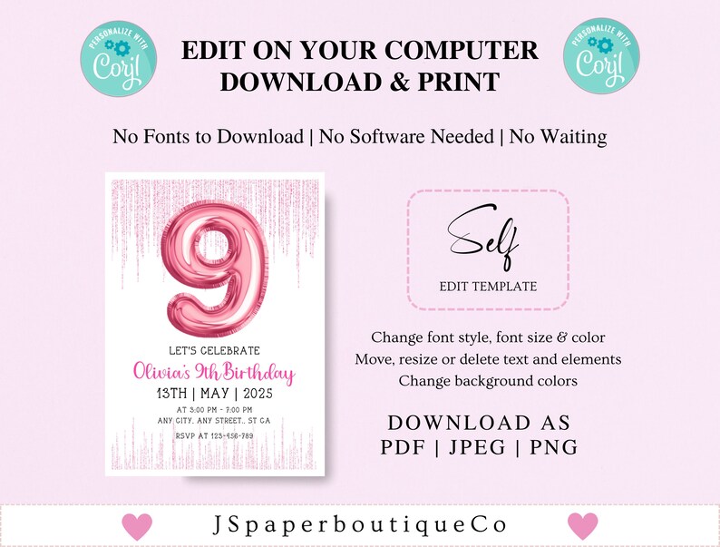 Editable 9th Birthday Invitation Template, Printable 9th Birthday ...