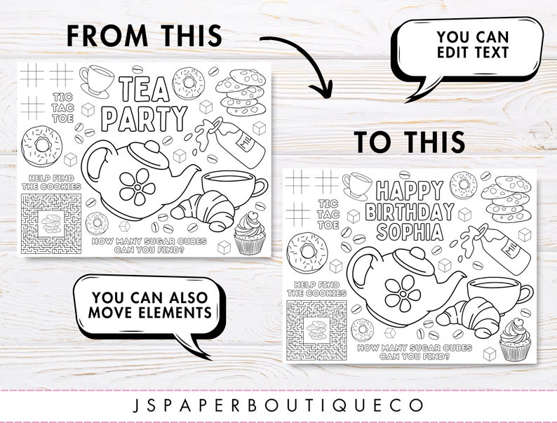 Tea Party Coloring Placemat, Tea Party Placemat, Personalized, Tea Time ...