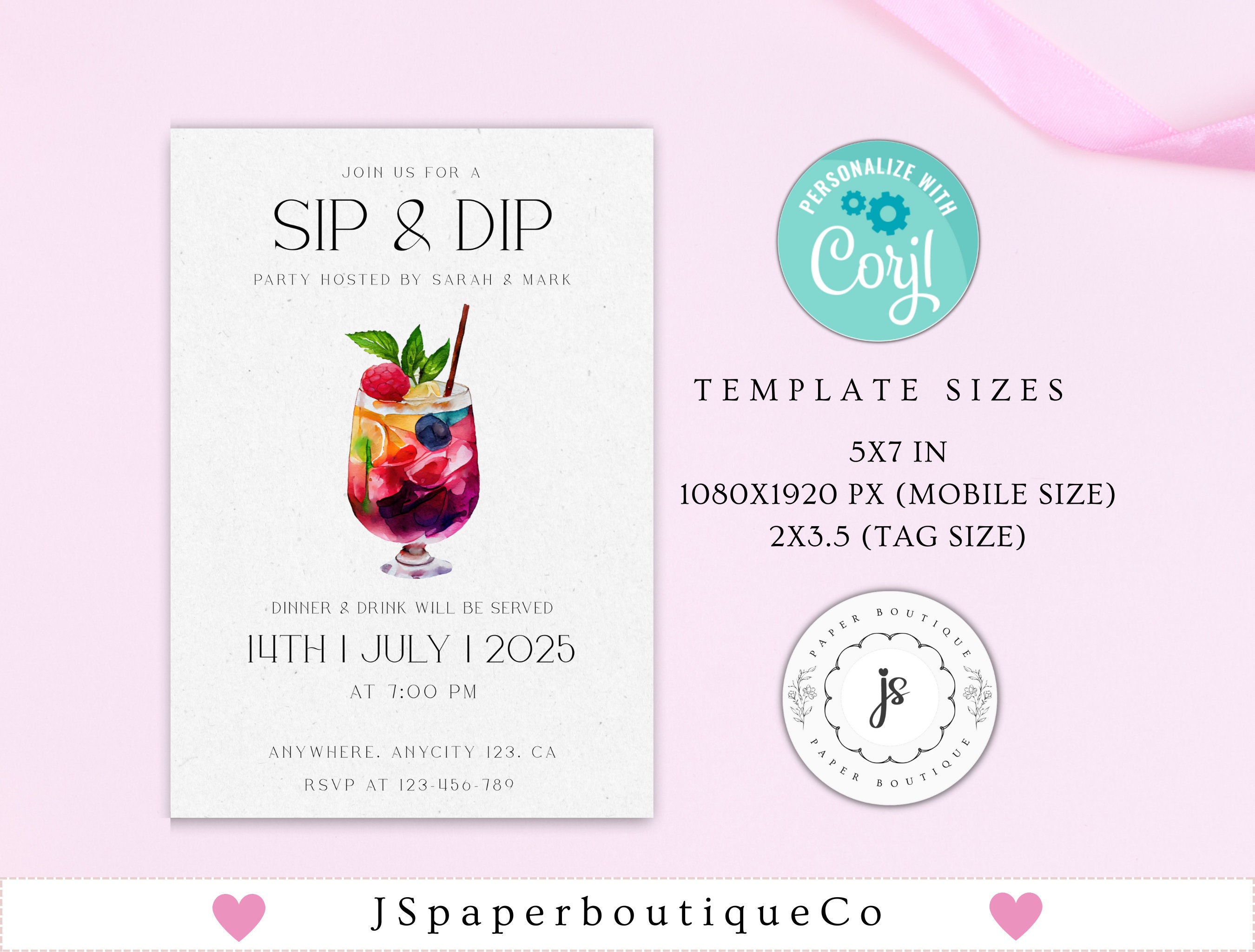 Sip and Dip Summer Party Invitation, Summer Cocktail Party Invitation ...