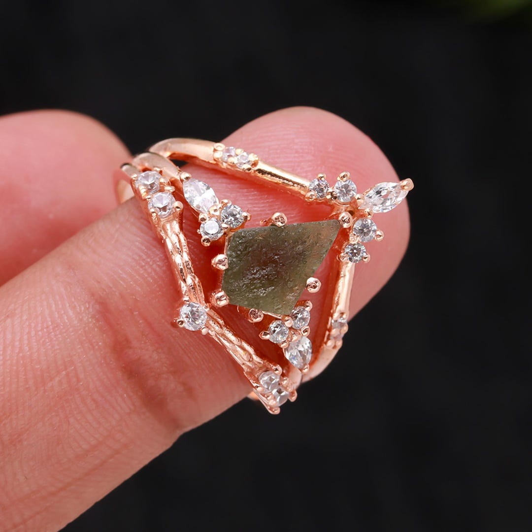 Raw Moldavite Kite Shape Crown Ring, 925 Sterling Silver Jewelry, Rose ...