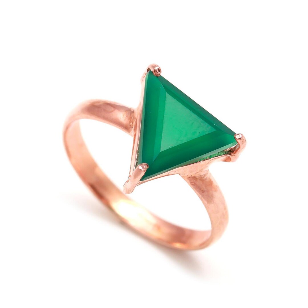 Natural Green Onyx Triangle Ring, Rose Gold Plated Solid Silver ...