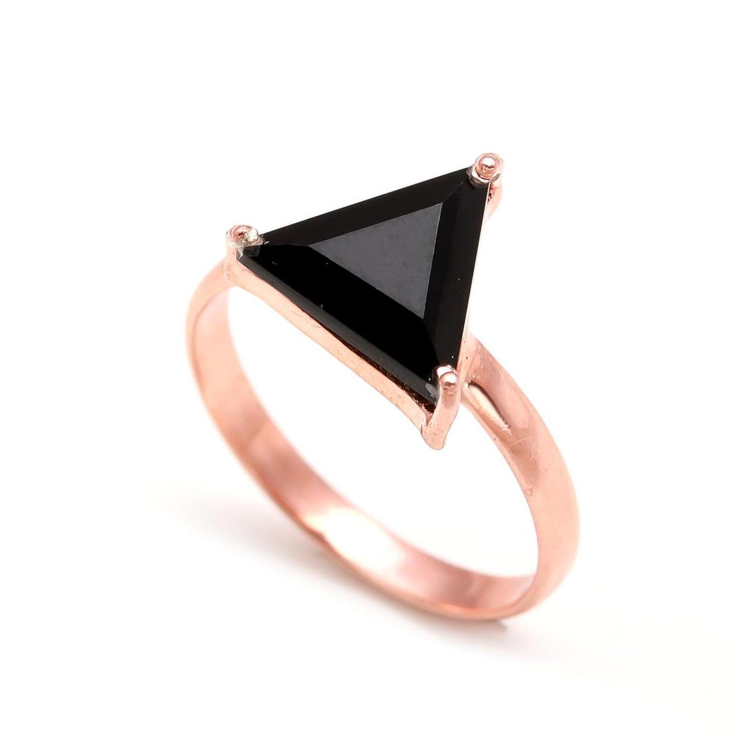 Natural Black Onyx Triangle Ring, 925 Sterling Silver, Rose Gold Boho ...