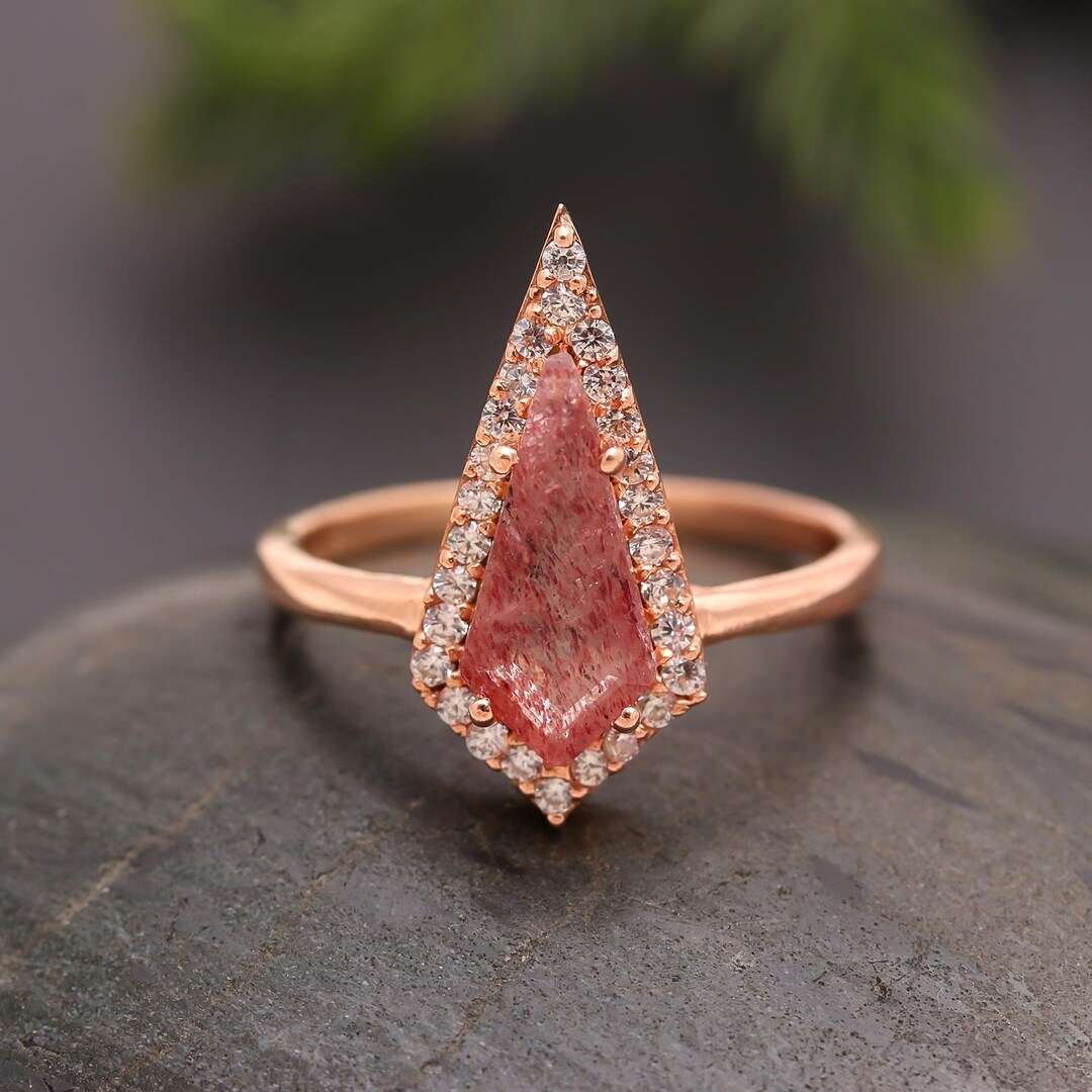 Natural Red Strawberry Quartz Kite Shape Ring, Rose Gold Plated 925 ...