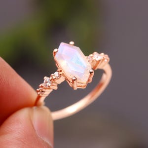 Natural Rainbow Moonstone Hexagon Ring, Rose Gold 925 Sterling Silver ...
