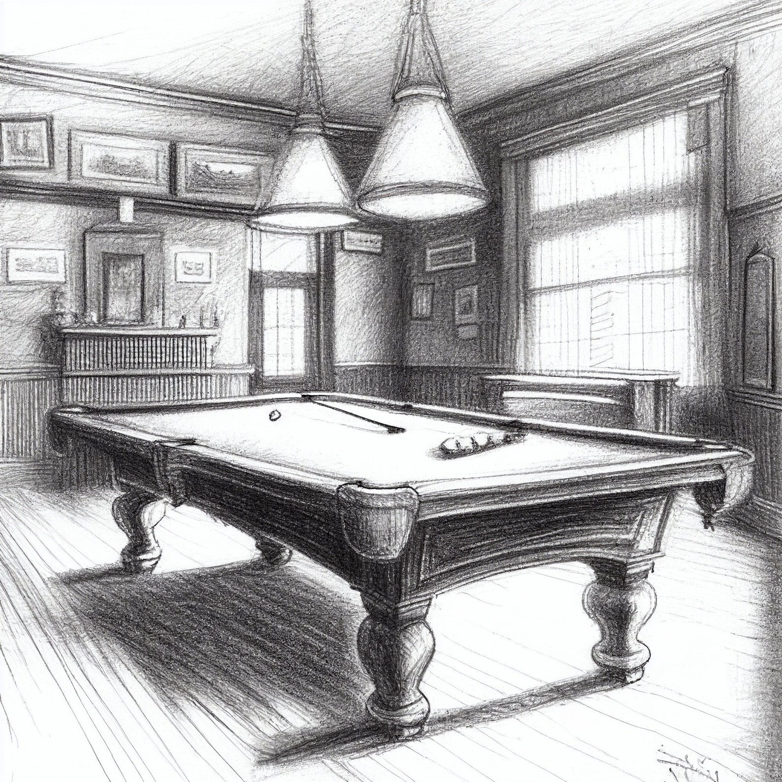 Artistic Pencil Drawn digital Print Billiards / Pool Table Excellent ...