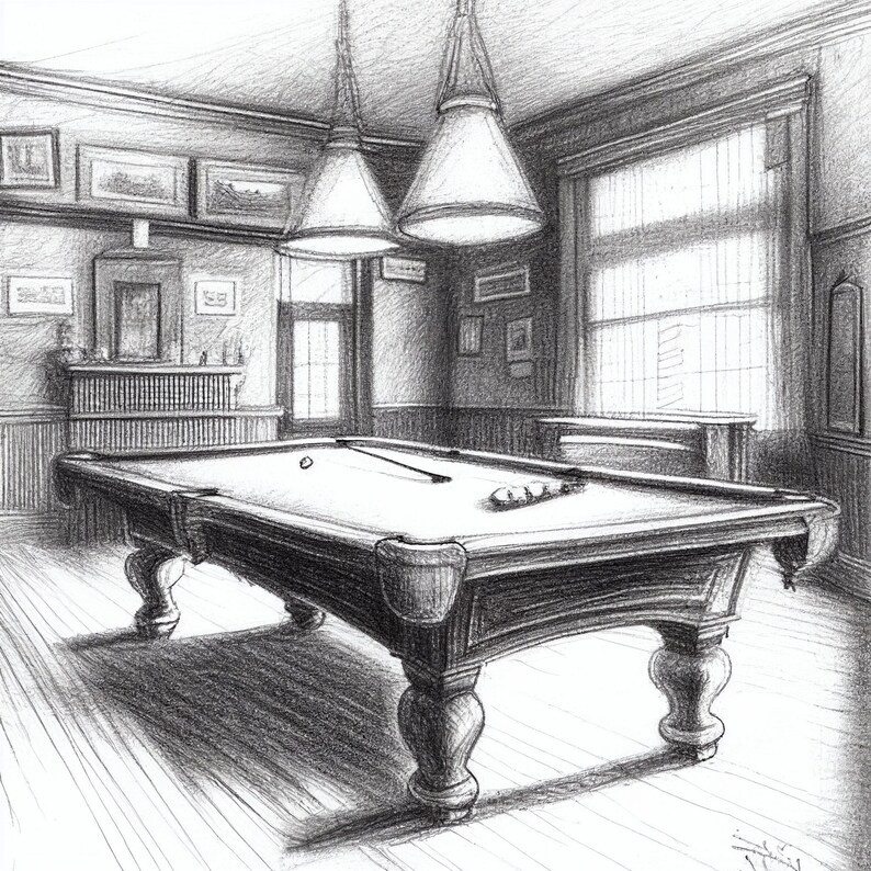 Artistic Pencil Drawn digital Print Billiards / Pool Table Excellent ...