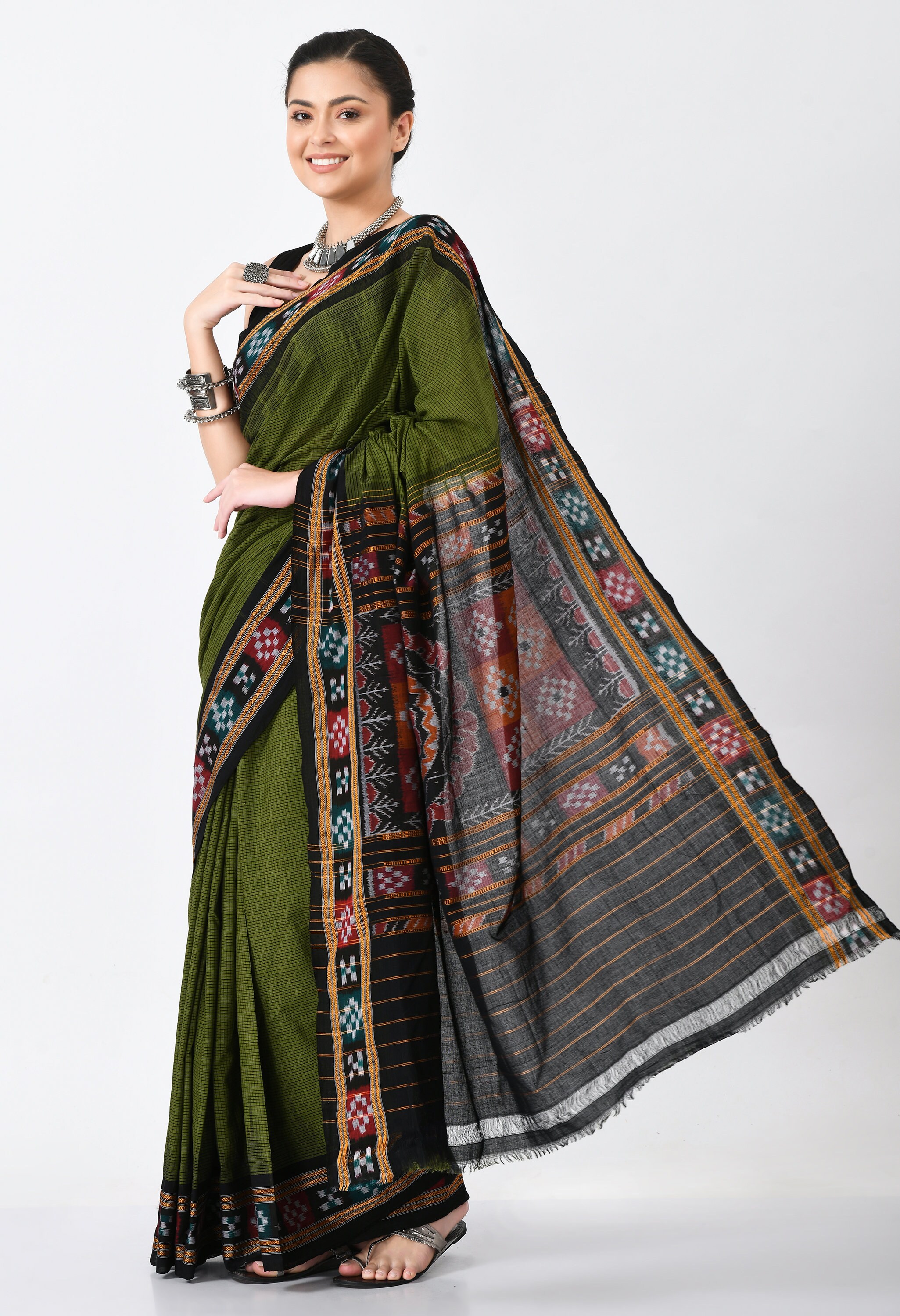 Sambalpuri Ikkat Cotton Handloom Check Pasapali Green & Black Saree ...