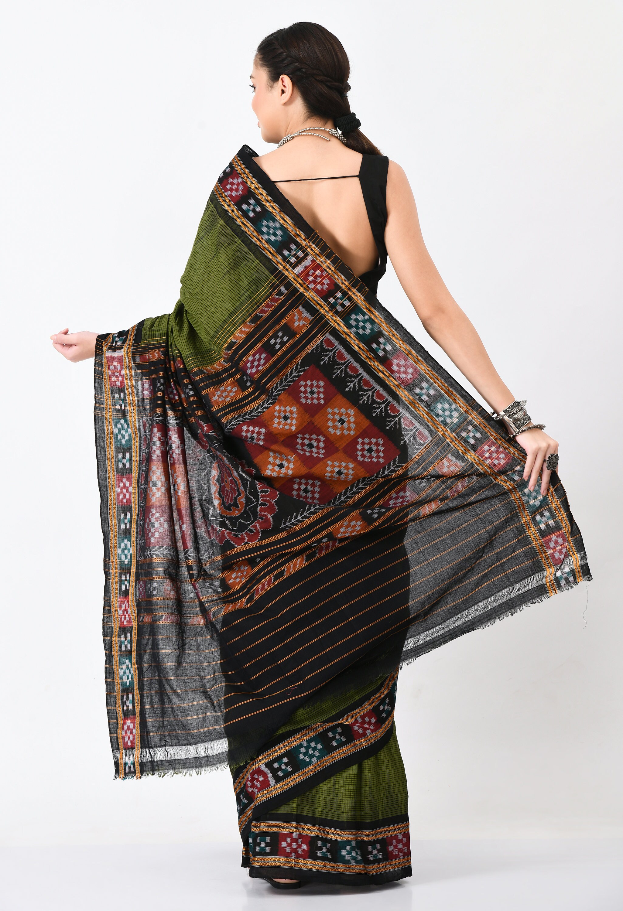 Sambalpuri Ikkat Cotton Handloom Check Pasapali Green & Black Saree ...