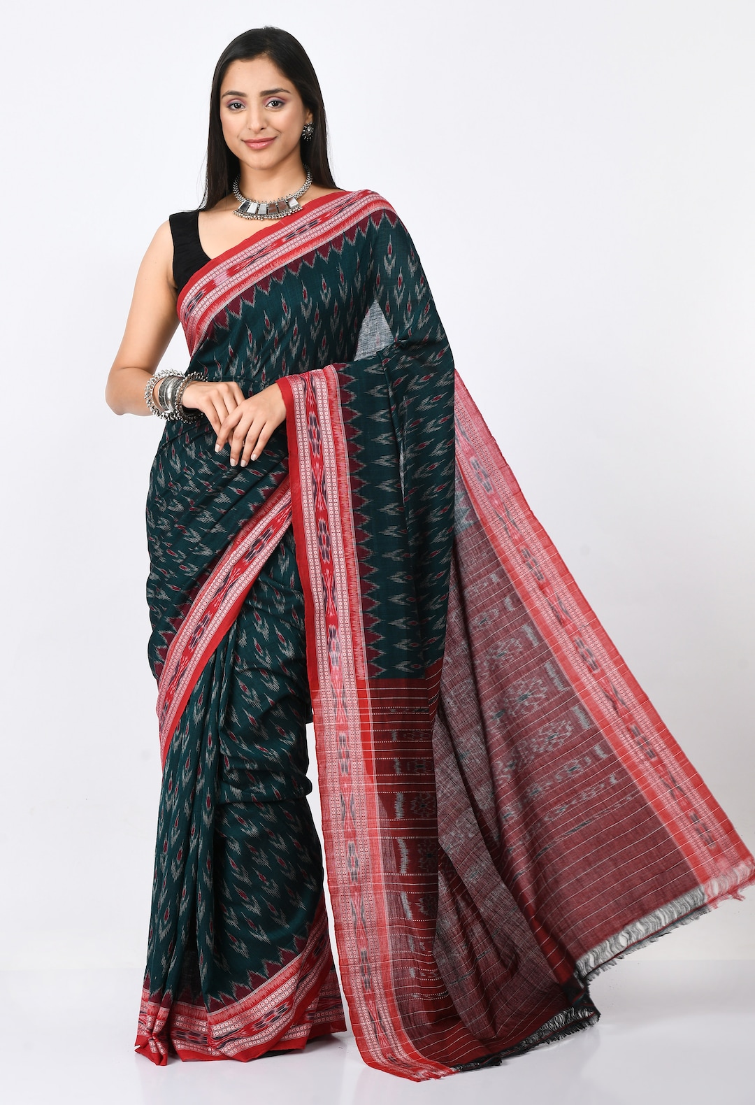 Sambalpuri Ikkat Cotton Handloom Labanga Dehabandha B.green & Red Saree ...