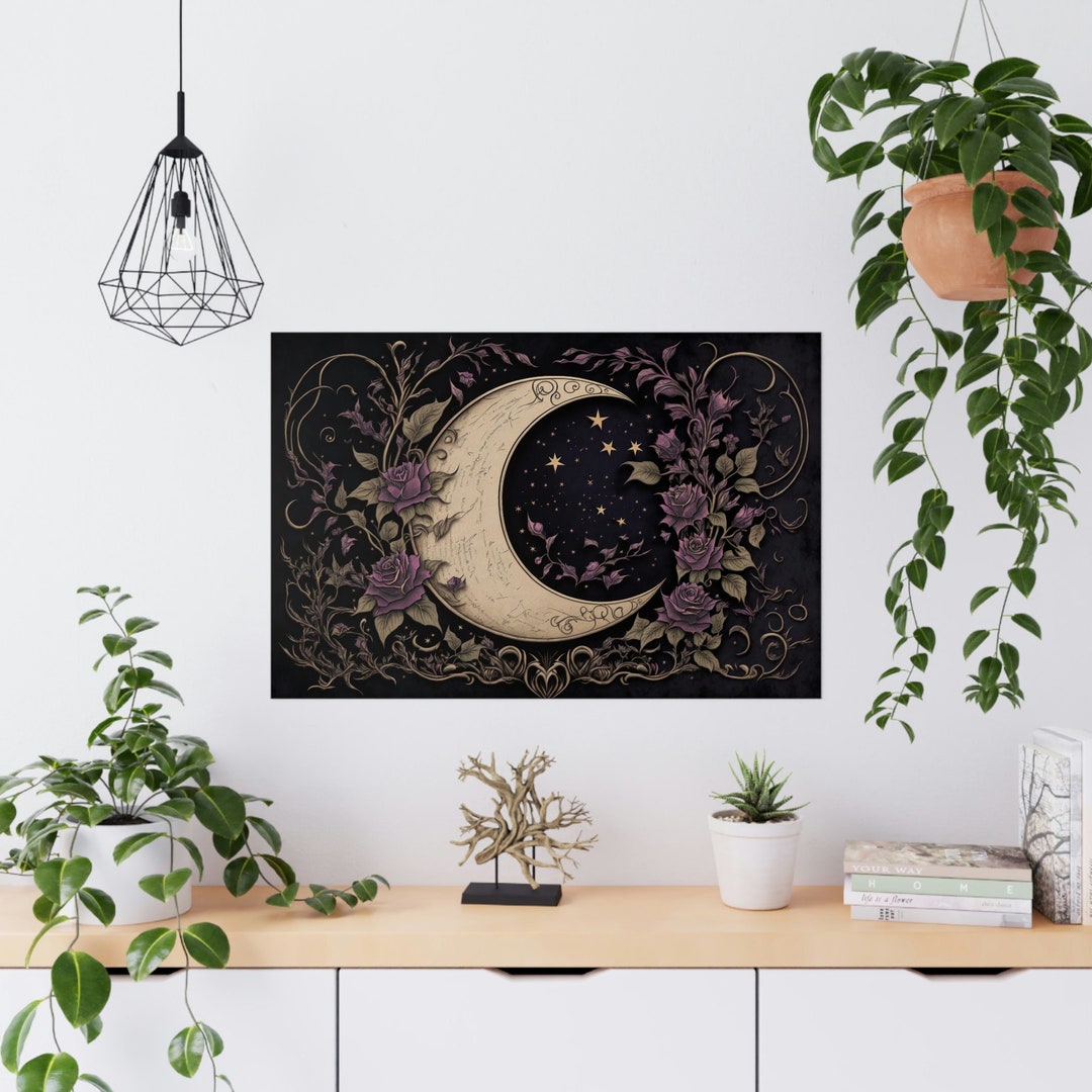 Whimsigoth Moon Poster With Gold Stars and Lavender Roses - Witchcore ...