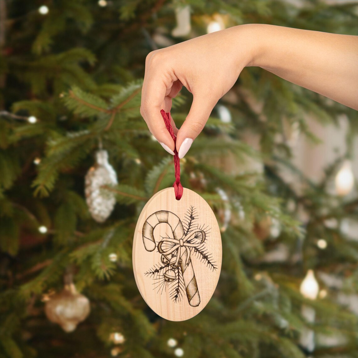 Rustic Wood Christmas Ornament | Candy Cane Pyrography Art With ...
