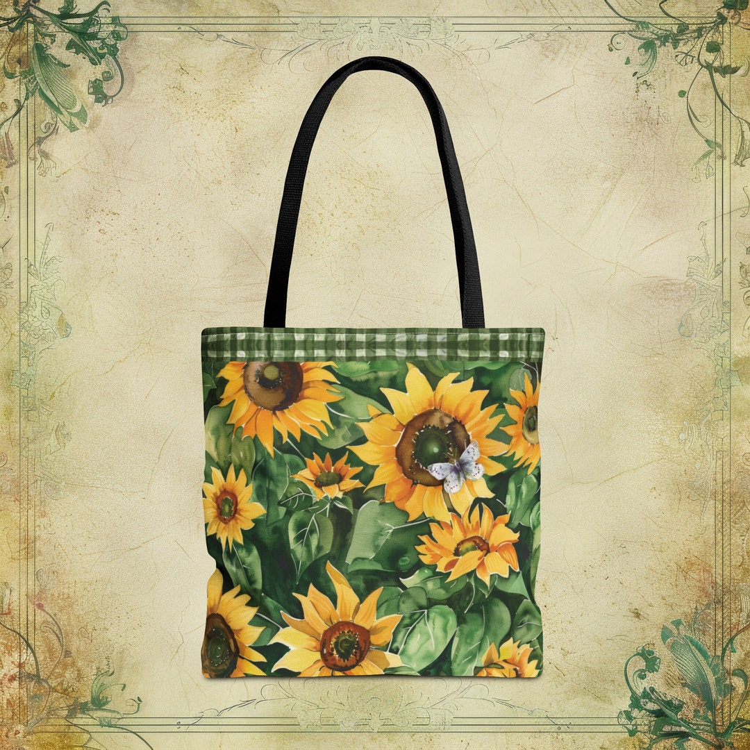 Sunflower Field Floral AOP Tote Bag With Butterfly and Rustic Green ...