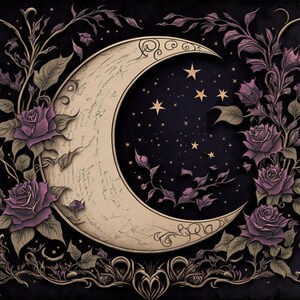 Whimsigoth Moon Poster With Gold Stars and Lavender Roses - Witchcore ...