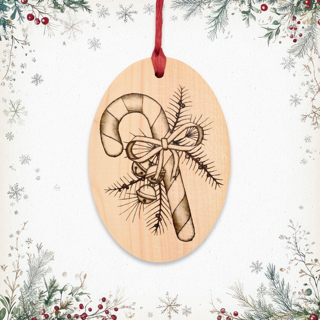 Rustic Christmas Ornament | Candy Cane Pyrography Art Printed on Wood ...