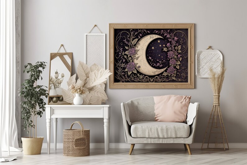 Whimsigoth Moon Poster With Gold Stars and Lavender Roses - Witchcore ...