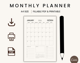 2024 Calendar Printable, 2024 Monthly Planner, US Letter, A4, Landscape ...