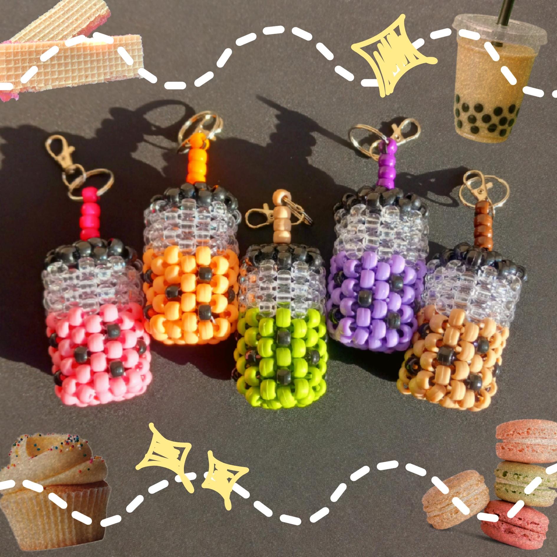 Kandi Boba Shaker Keychain | Strawberry, Peach, Taro, Matcha, Brown ...