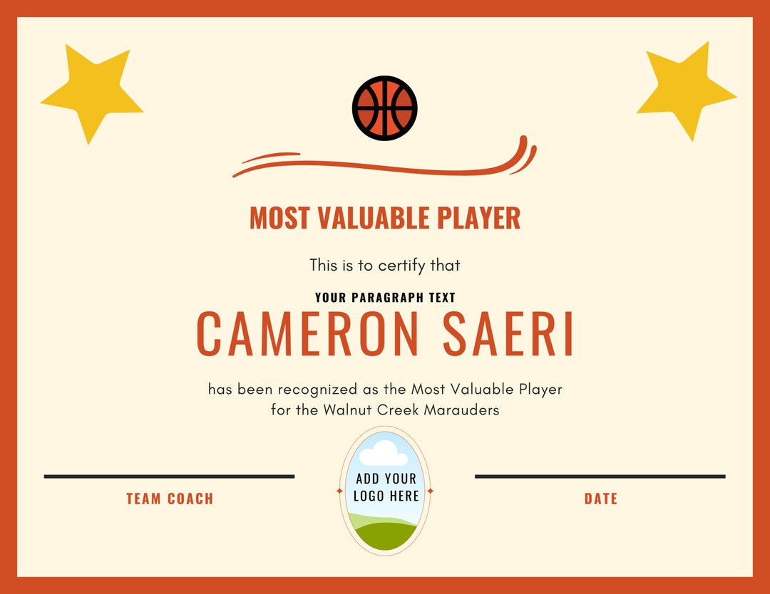 MVP Youth Athlete Basketball Certificate With Logo. Award. Printable ...
