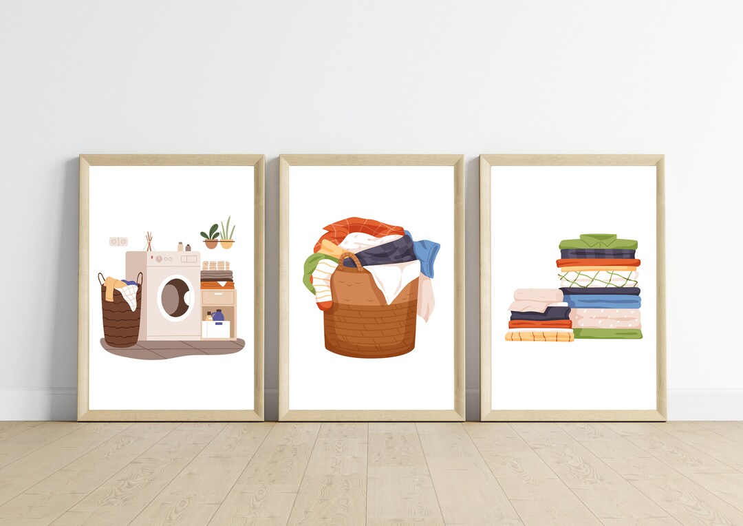 Set of 3 Colorful Laundry Room Posters Laundry Care Washing Machine ...