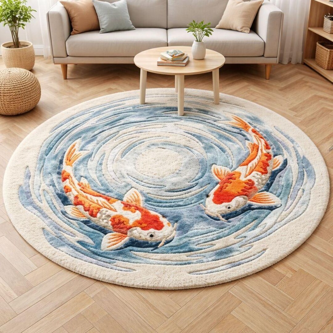 Round Koi Fish Tufted Rug – Modern Ocean Design, Soft Handmade Area ...