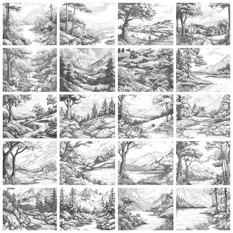 Landscapes 2 Coloring Pages, Grayscale Colouring Sheets, Relaxing ...