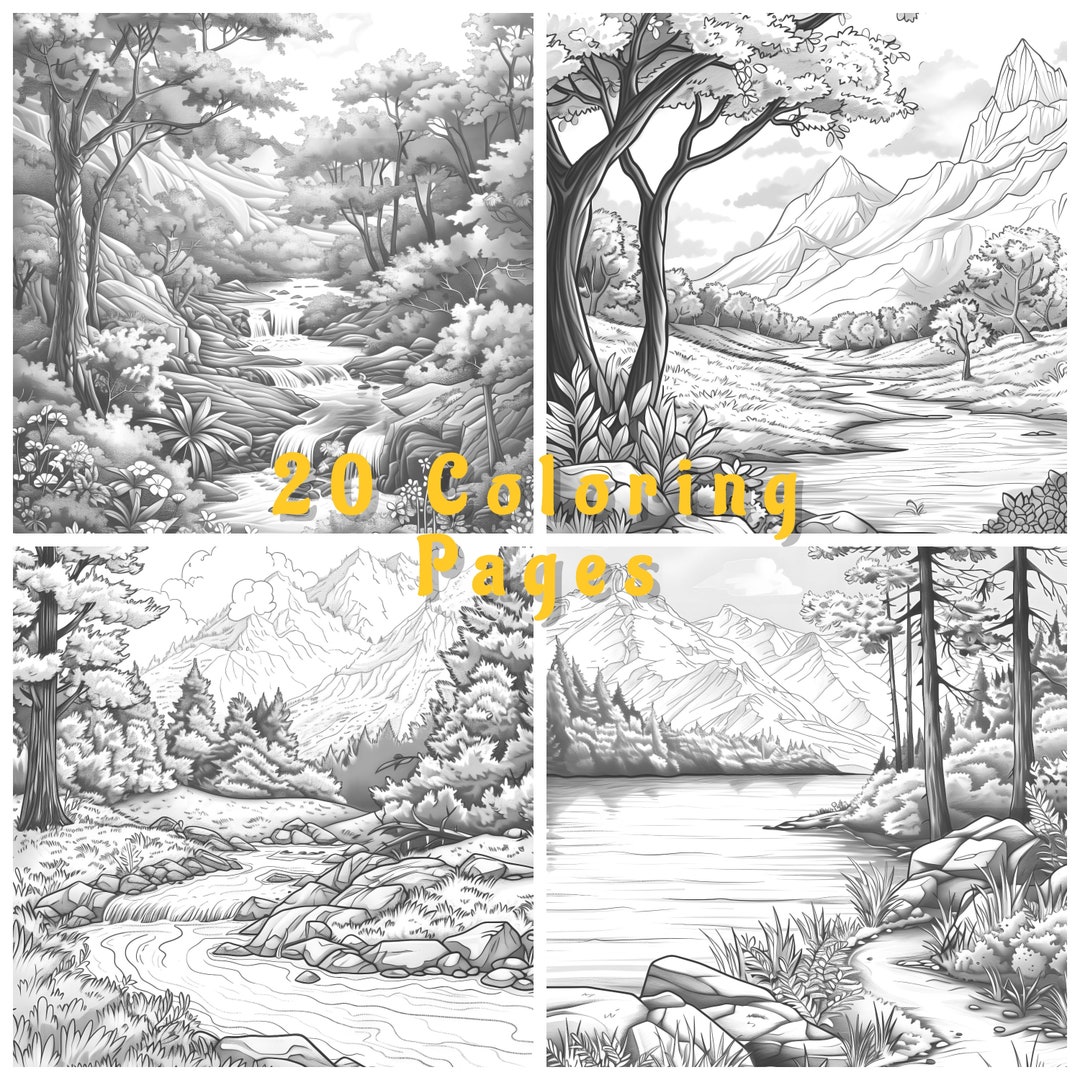 Landscapes 2 Coloring Pages, Grayscale Colouring Sheets, Relaxing ...