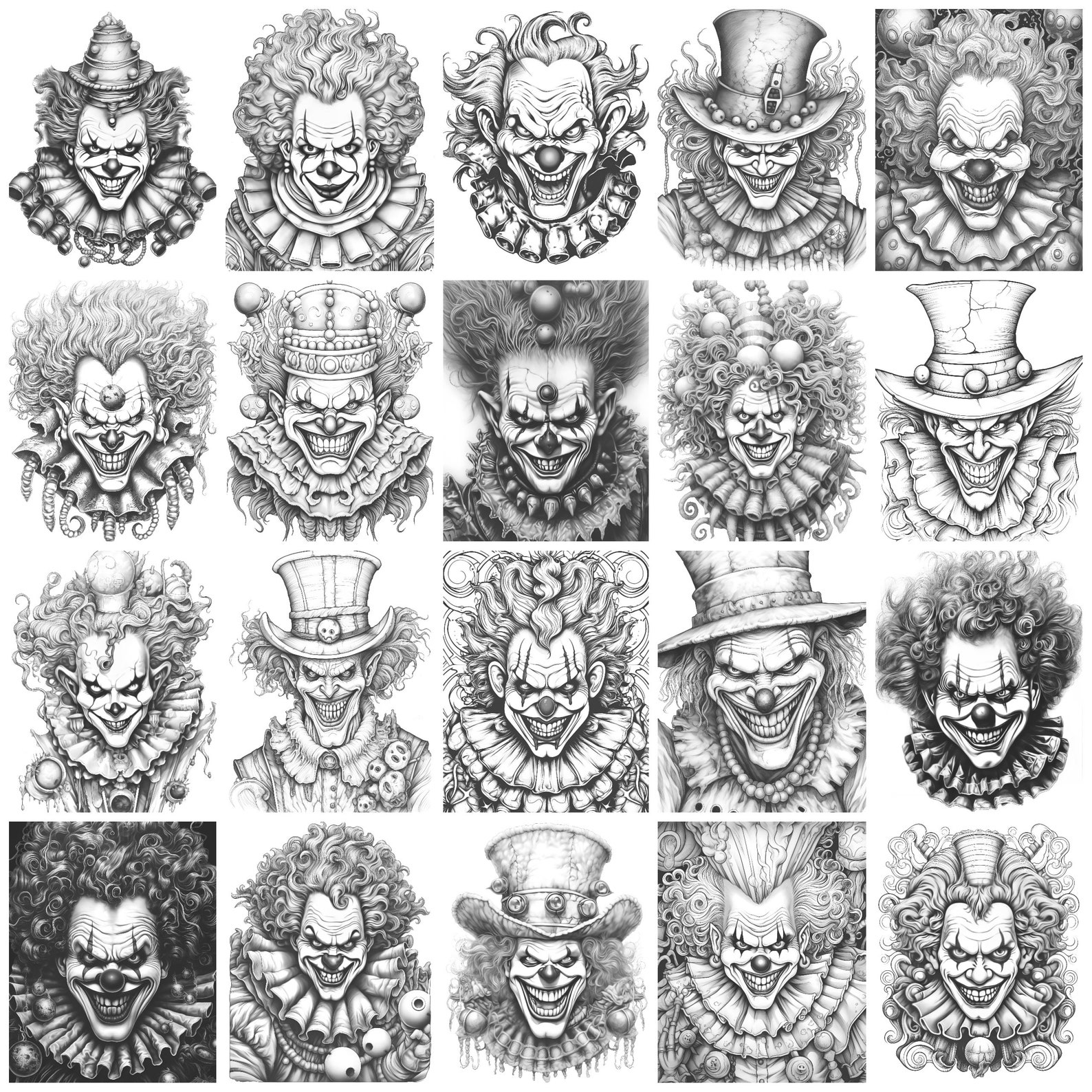 Evil Clown Coloring Pages Vol 2: Scary Halloween Designs (PNG) - Etsy