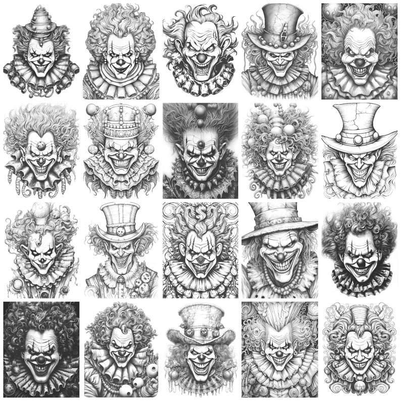 Evil Clown Coloring Pages Vol 2: Scary Halloween Designs (PNG) - Etsy