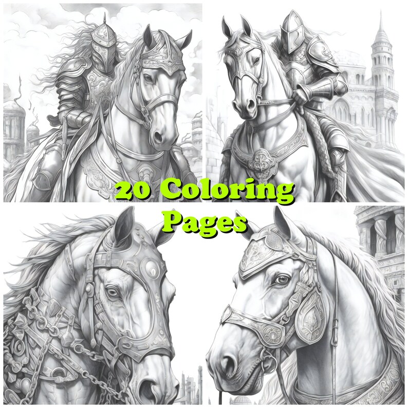 Armored Warrior Horse Coloring Pages: Grayscale Illustrations (digital ...