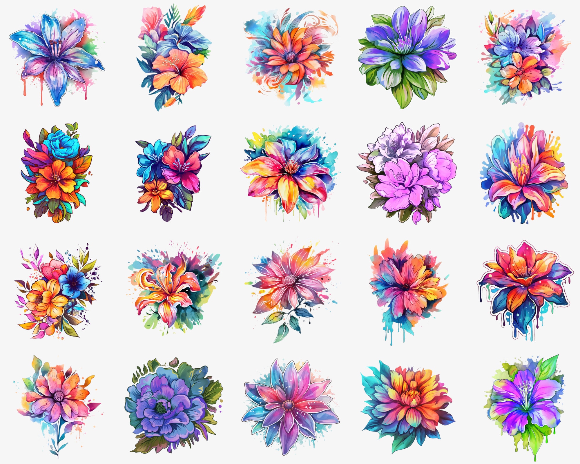 Colorful Flower Clipart, Flower Art, Printable, Scrapbooking, Stickers ...