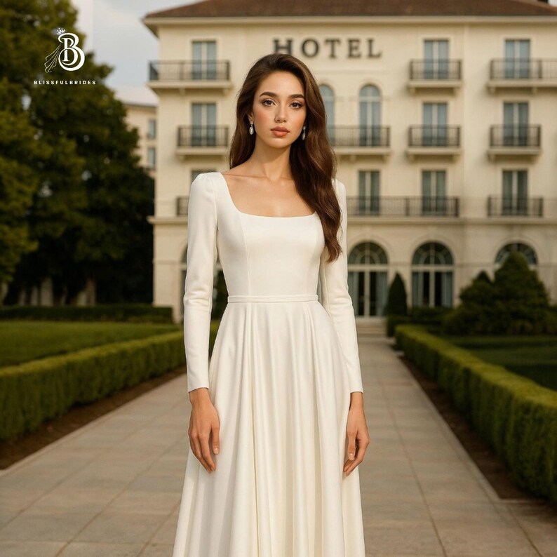 Modest Long Sleeve Square Neck Wedding Dress – Elegant Satin A-line ...