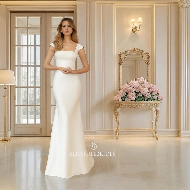 Minimalist Crepe A-line Wedding Dress: Square Neck, Cap Sleeves, Custom ...