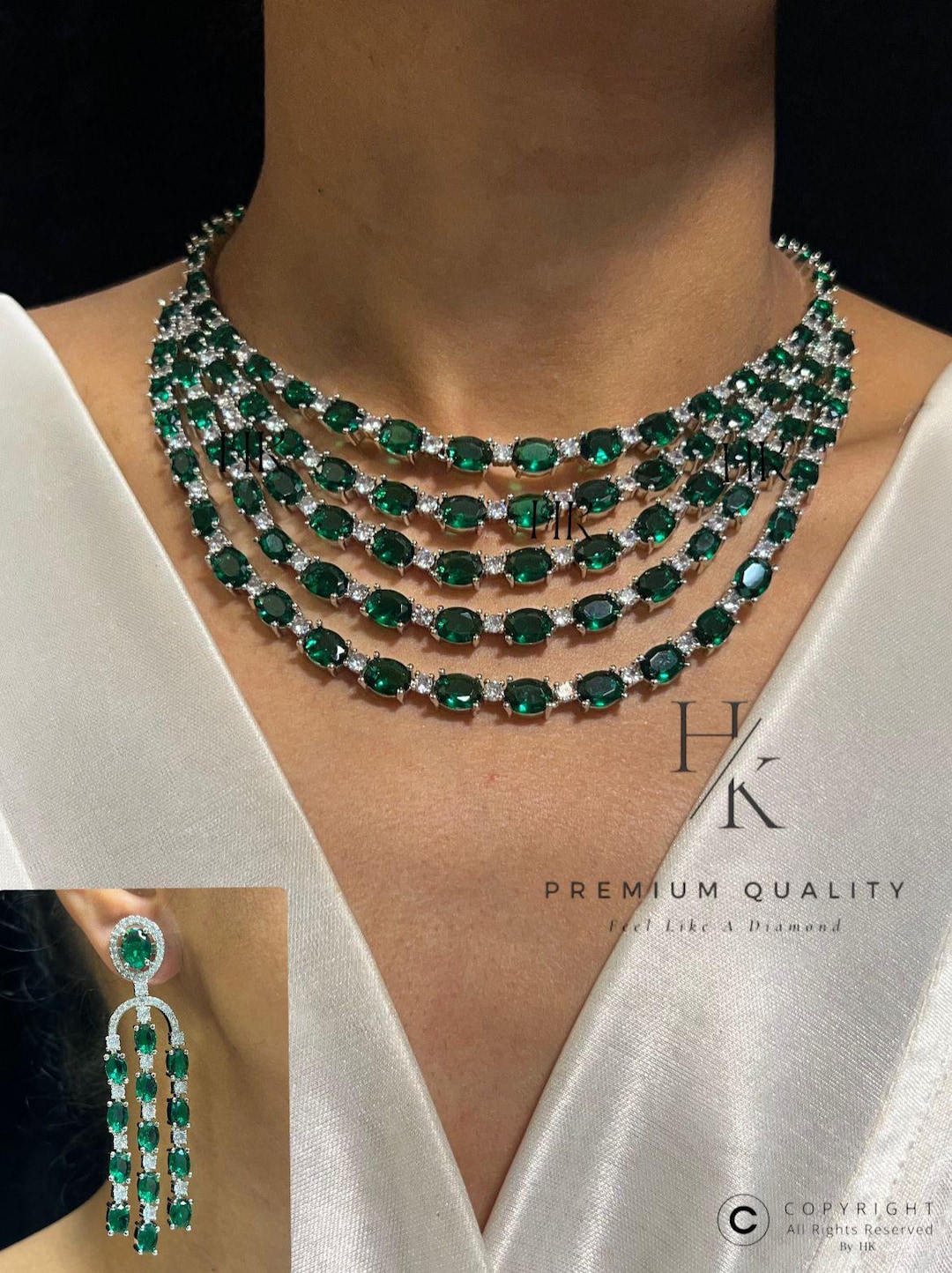 Emerald CZ 5-layered Necklace Set: Silver Tone Bridal Jewelry - Etsy