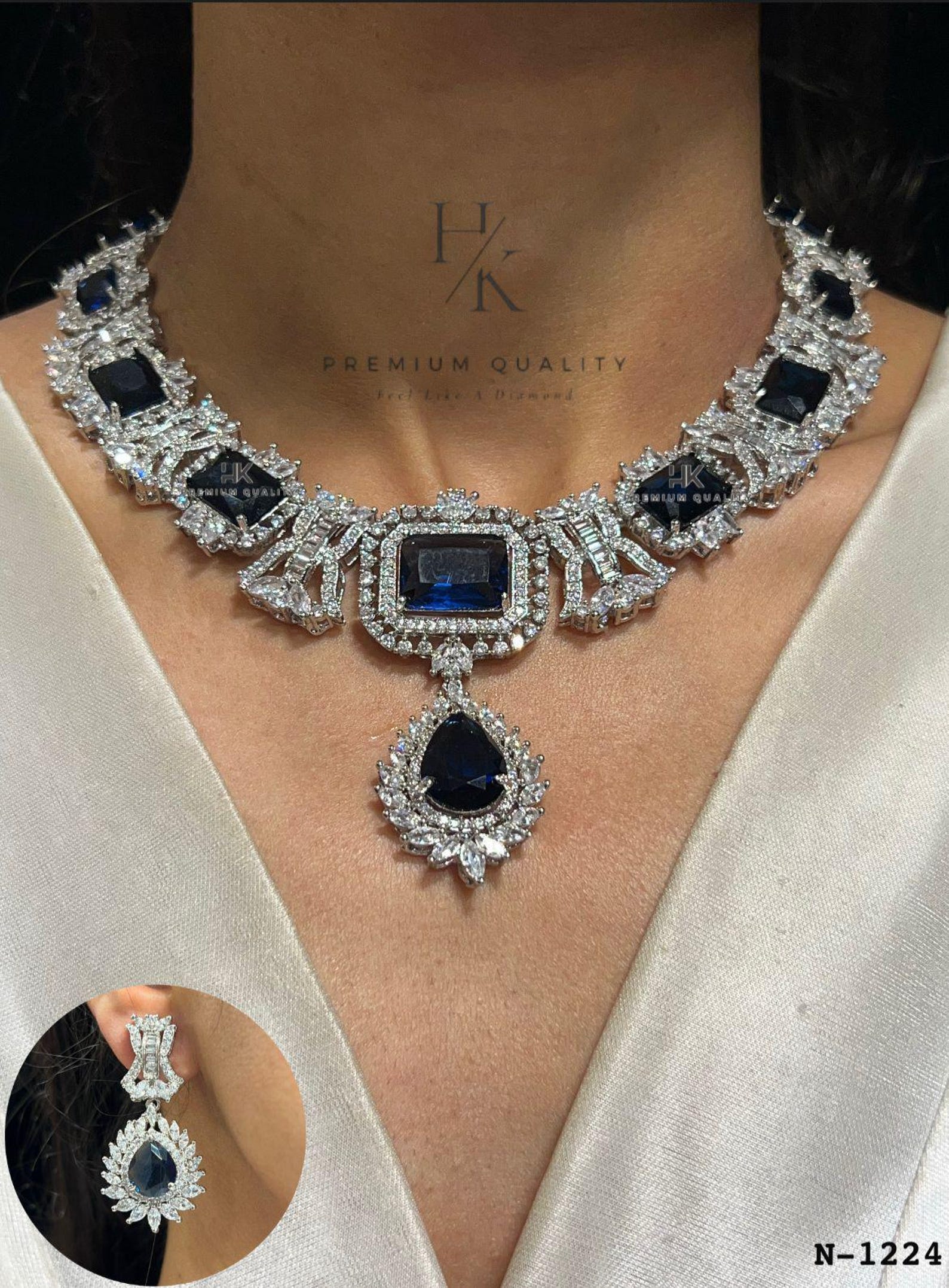 Blue American Diamond Necklace Set: Indian Bridal Jewelry - Etsy