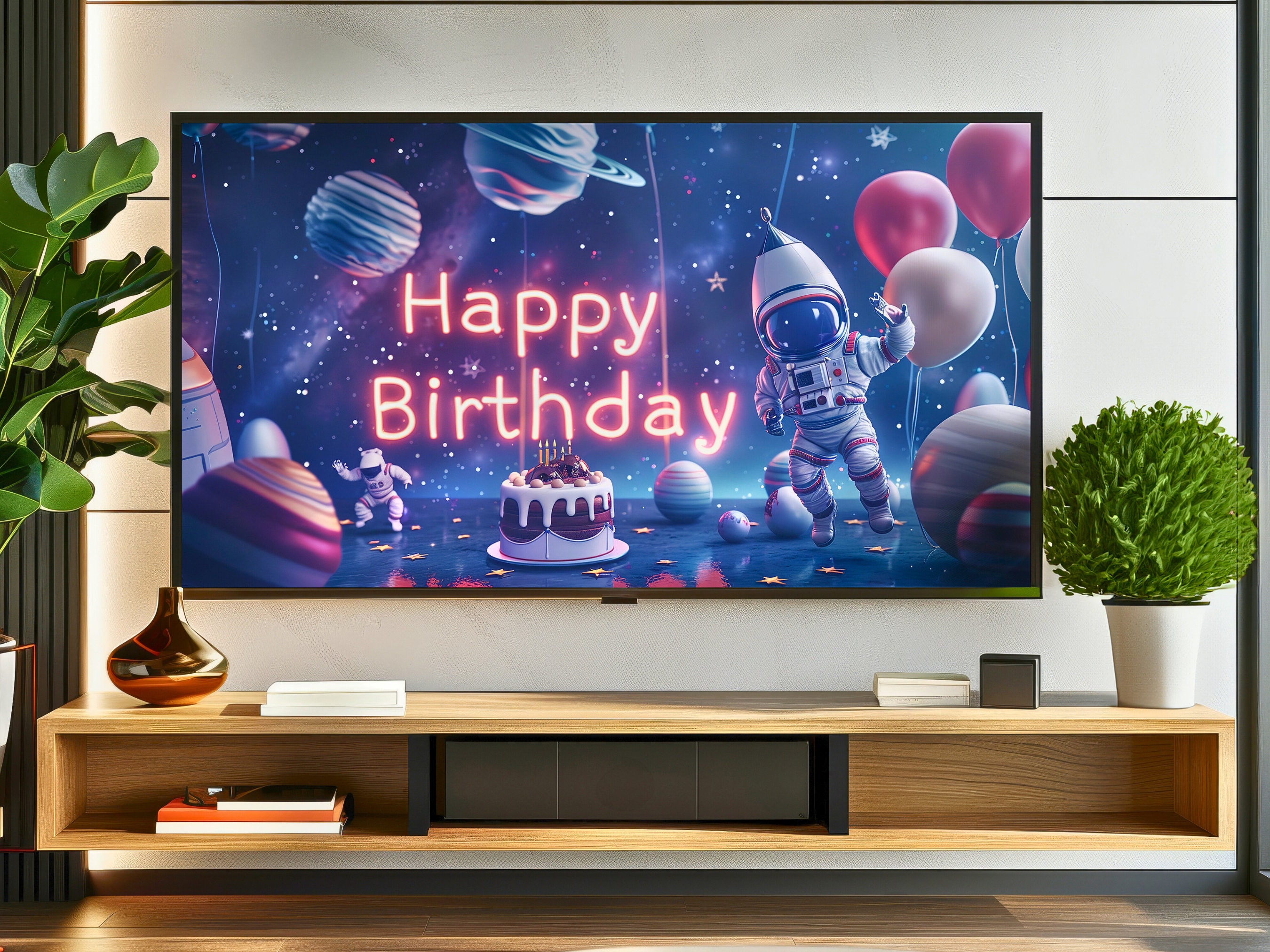Happy Birthday Frame TV Art, Space With Astronauts Planets Stars ...