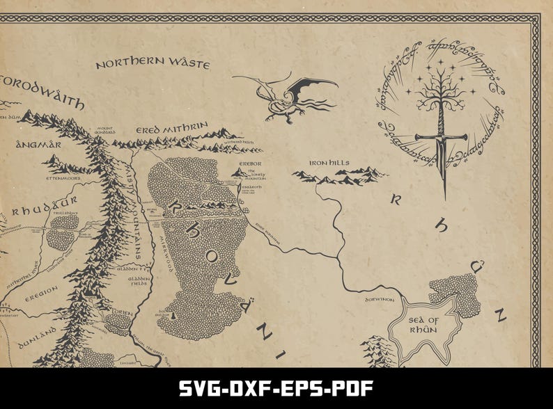 Middle Earth Map, Laser Engraving and CNC Carving, Digital Printing ...