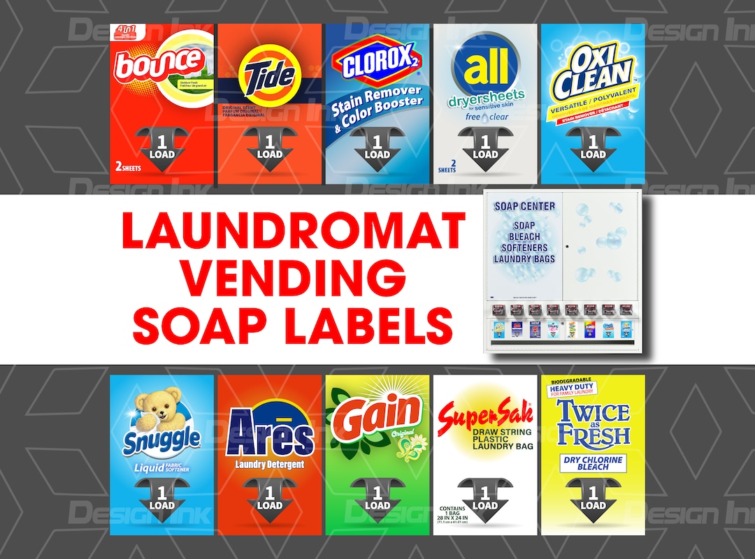 Laundromat Vending Machine Soap, Bleach, Softeners, Laundry Bags Label ...