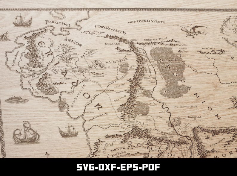 Middle Earth Map, Laser Engraving and CNC Carving, Digital Printing ...
